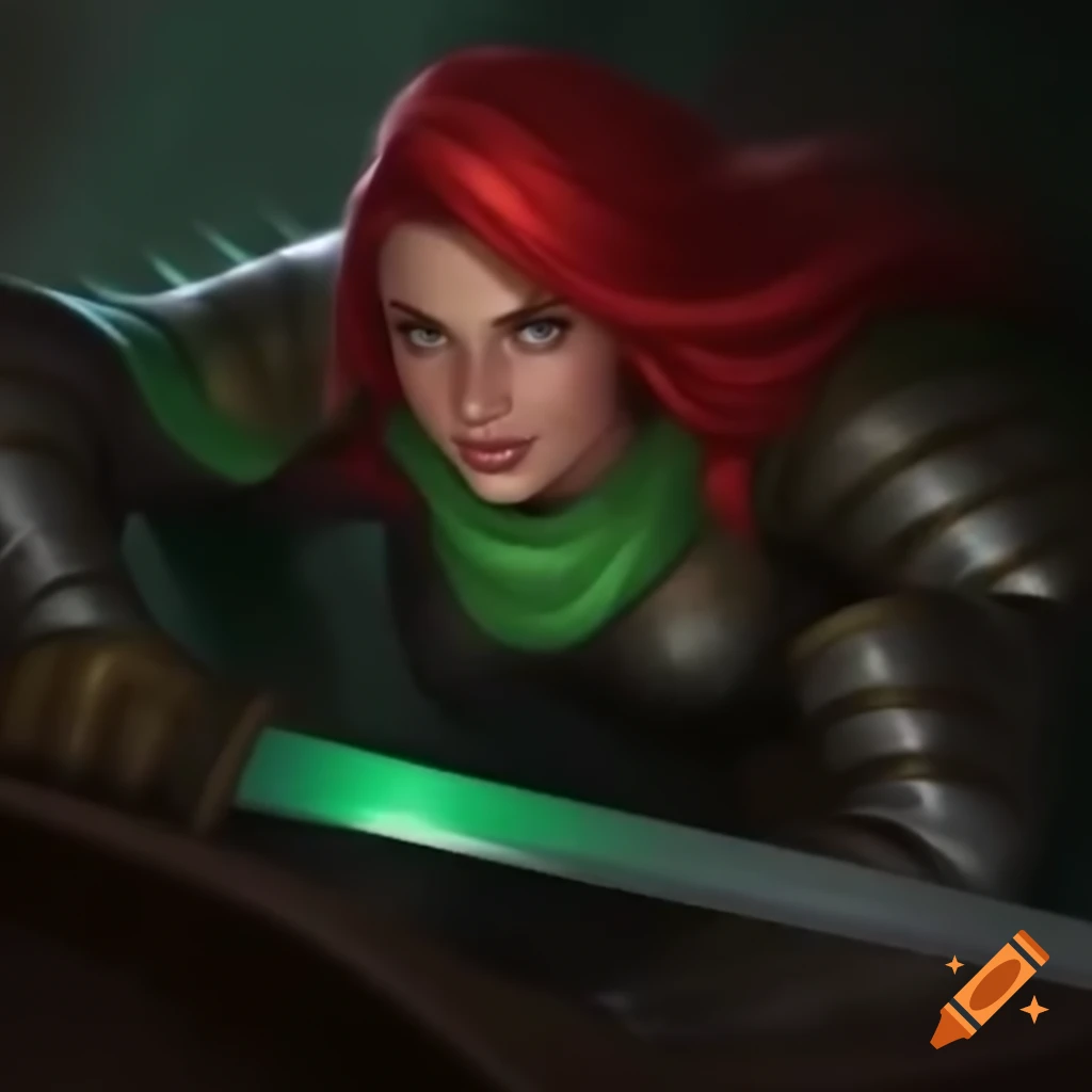 Warrior woman with red hair in plate armor wielding a great sword on Craiyon