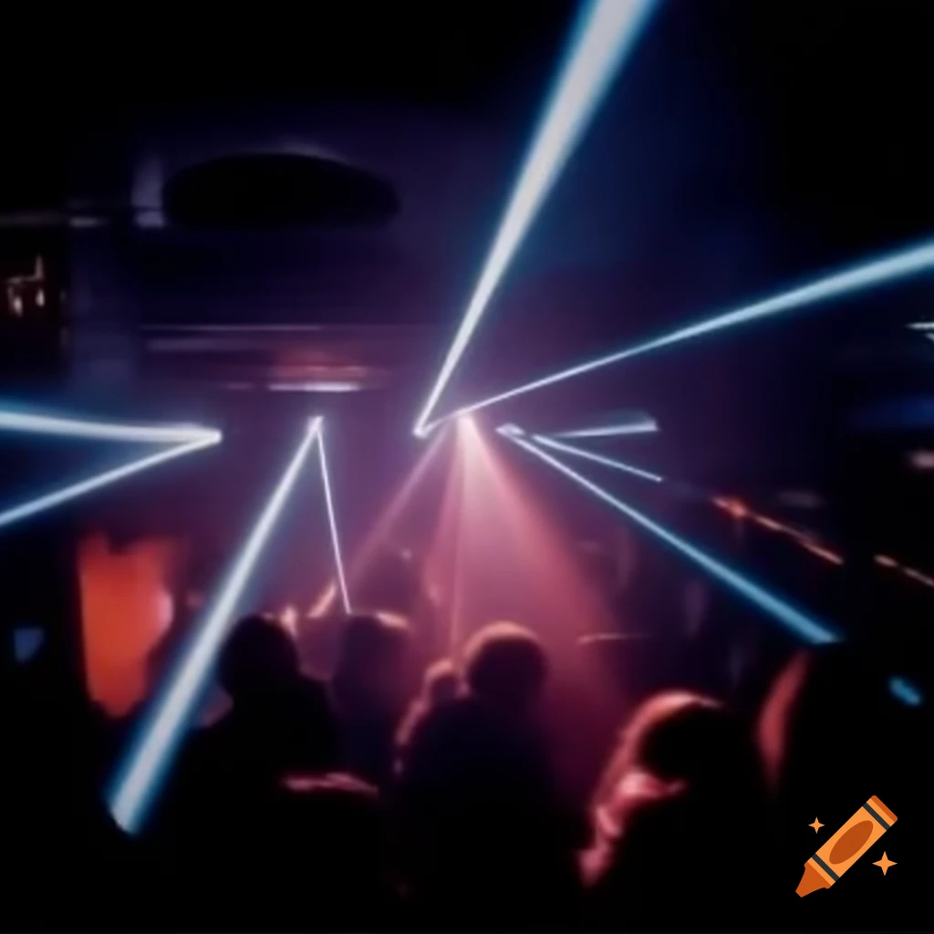 Techno house party in 1993 with colorful lasers and eerie vibes on Craiyon
