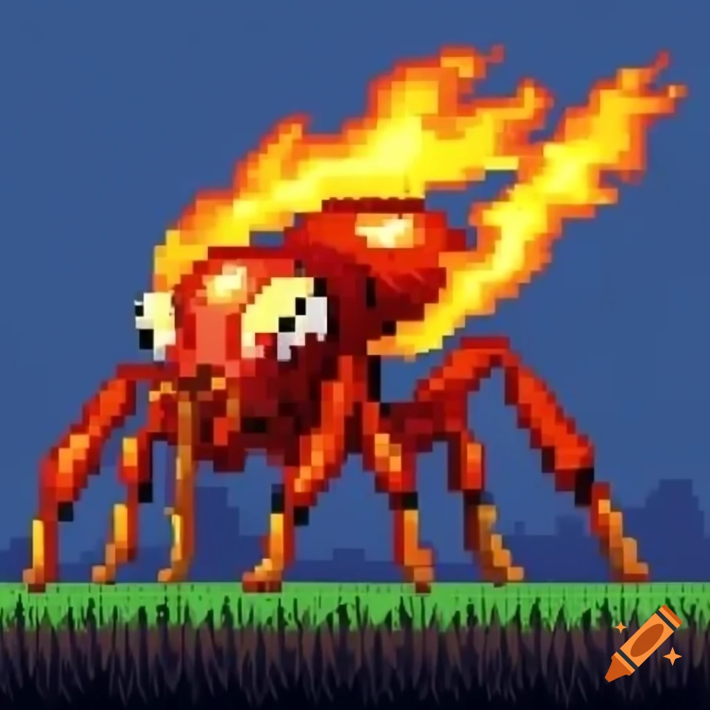 Pixel art of a giant fire ant set on fire, in Pokémon style on Craiyon