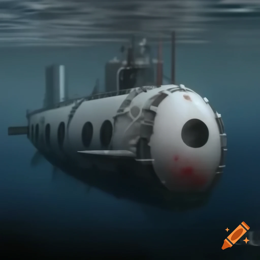 Eerie white steampunk ghost submarine underwater with red stains on Craiyon