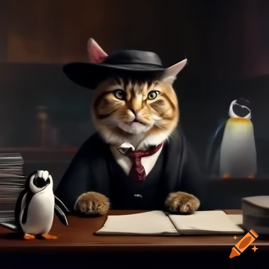 Humanoid cat and penguin friends at university desk, writing paper on ...