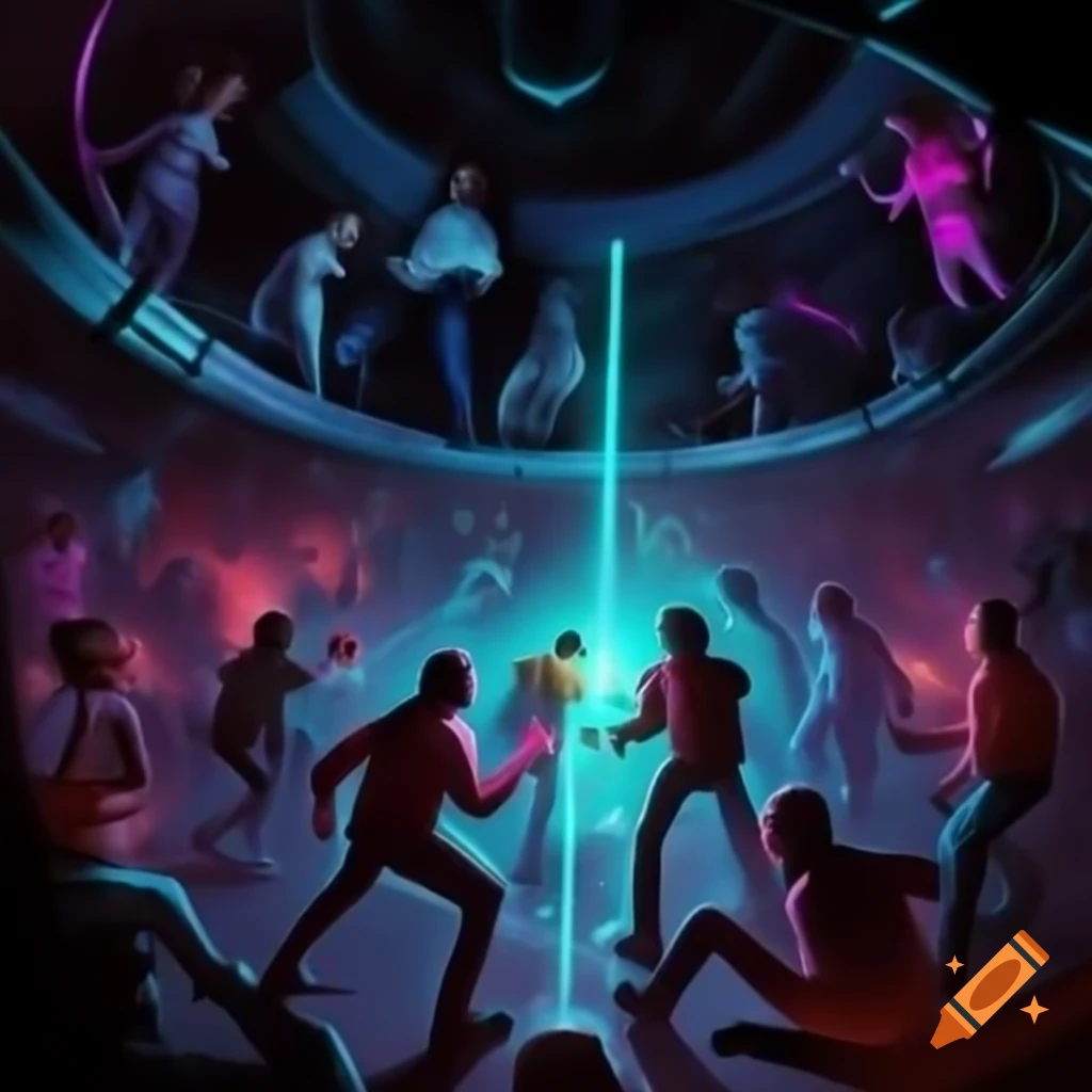 Energetic techno party with vibrant lights and lasers in 1993 ...