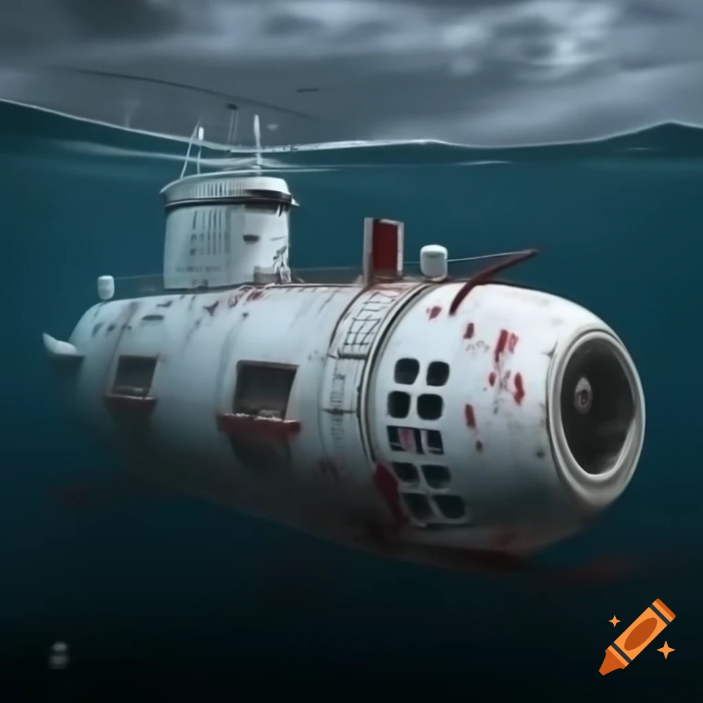 Eerie white steampunk ghost submarine underwater with red stains on Craiyon