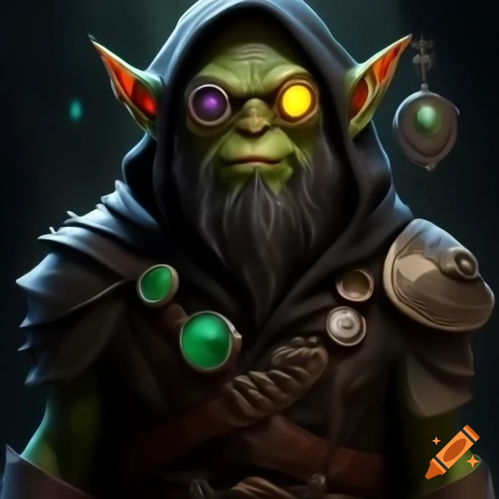 Fantasy goblin in leather clothes and magical goggles, showcasing ...