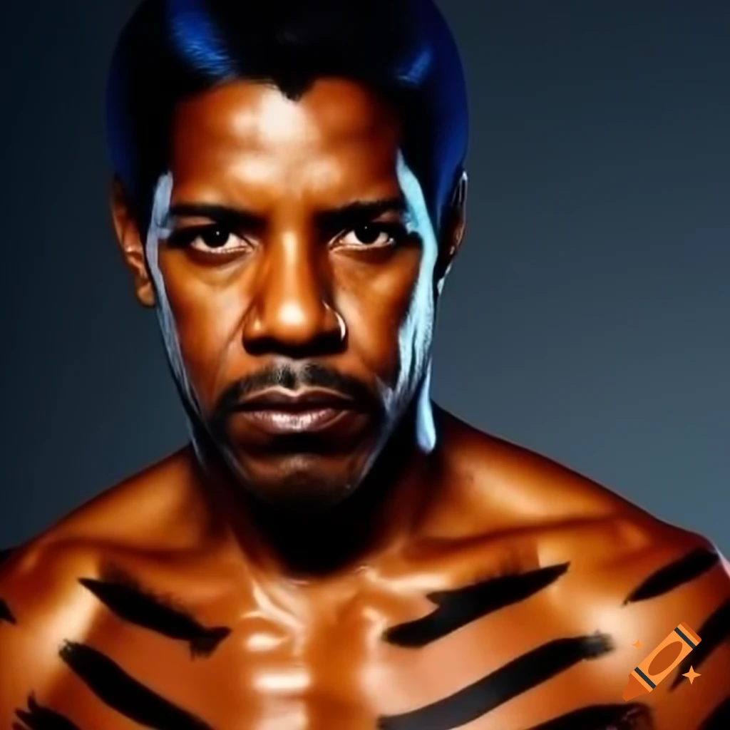 Denzel Washington with tiger-style makeup featuring blue hair and ...