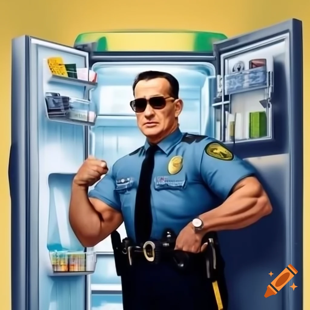 Musclebound police officer inspecting fridge, wearing aviator shades on ...