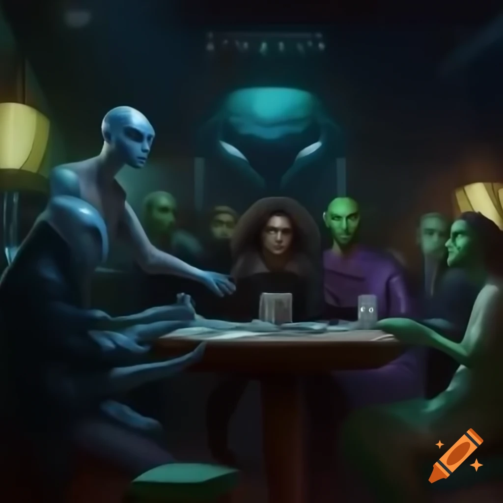 Diverse entities including aliens, humans, and androids at digital pub in futuristic setting on ...