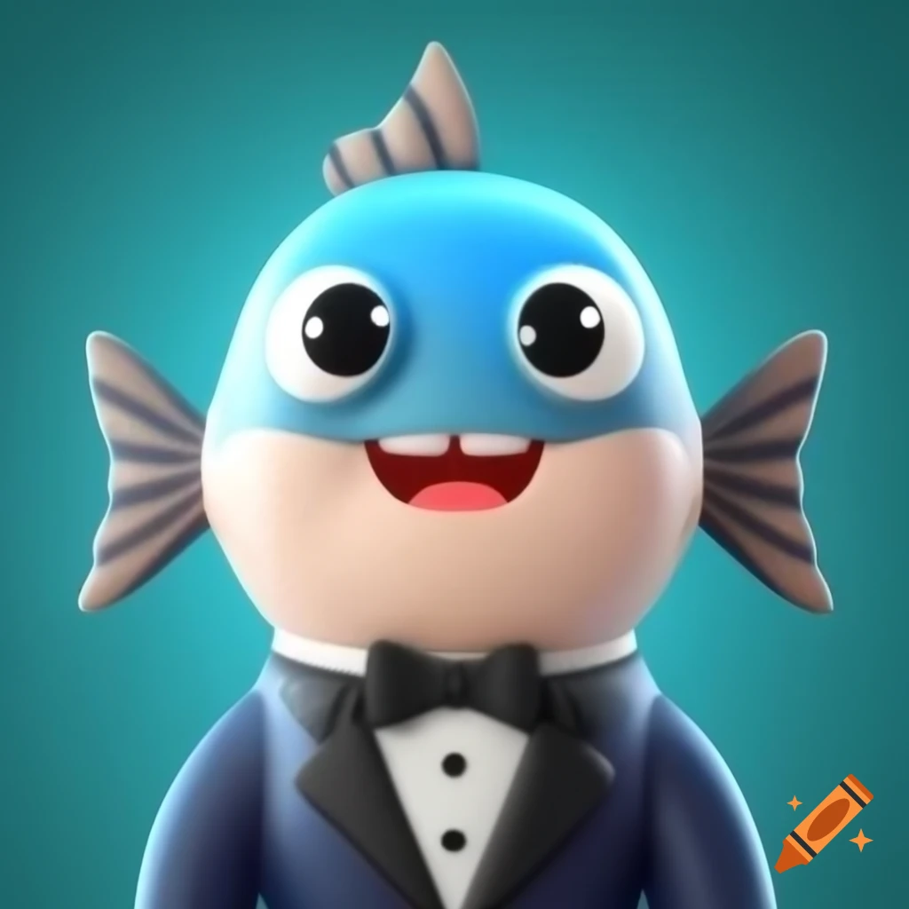 Cute cartoon tuna fish in tuxedo smiling on Craiyon