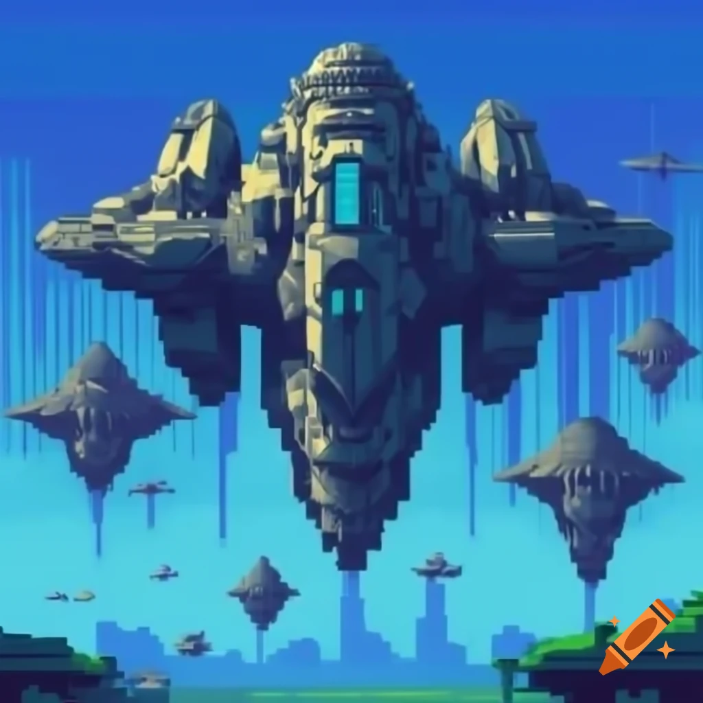 Top down pixel art of asymmetrical sci-fi spaceship on Craiyon