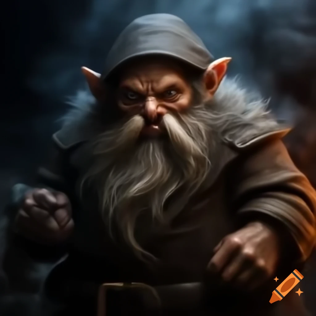 Gloomy scene of old dwarf in ash-colored cloak surrounded by smoke ...