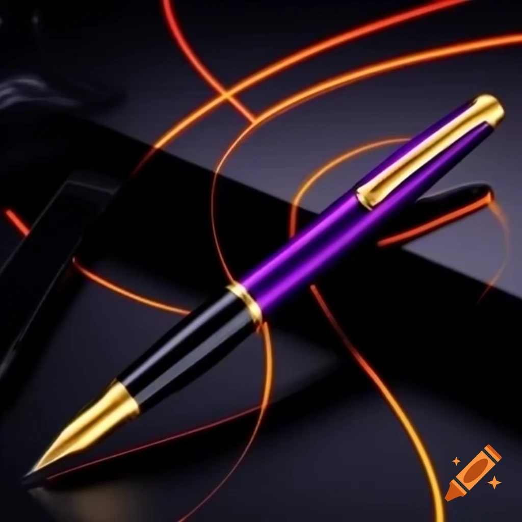 Sleek pen with neon accents writing glowing line on dark surface on Craiyon