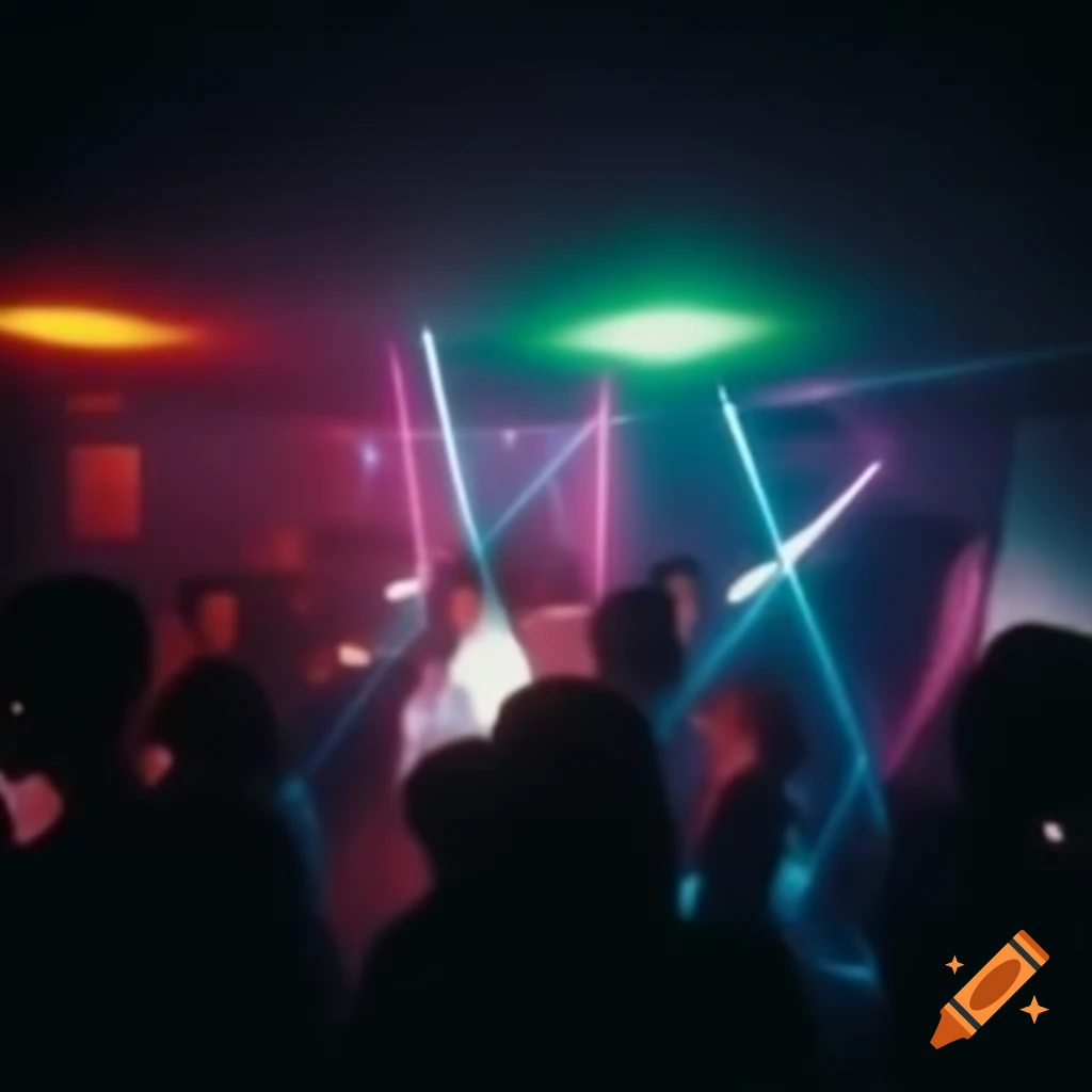 Techno house party scene from 1993 with vibrant lasers and light shows ...