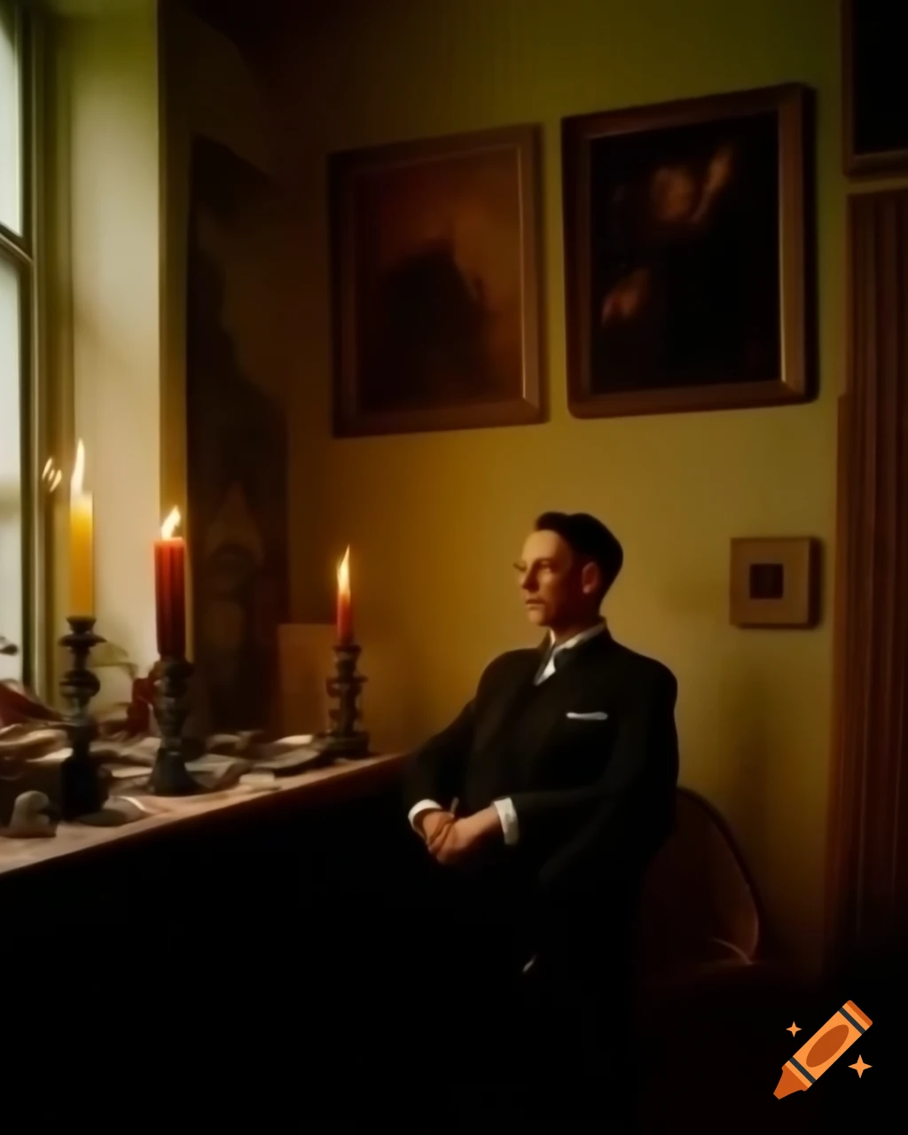 Young Adolf Hitler painting in dimly lit room with classical art on Craiyon