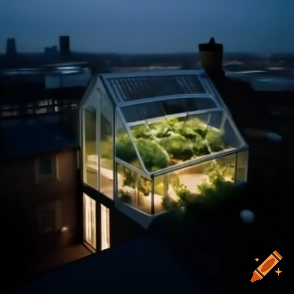Moodily lit greenhouse on city building with silhouette of nearby ...