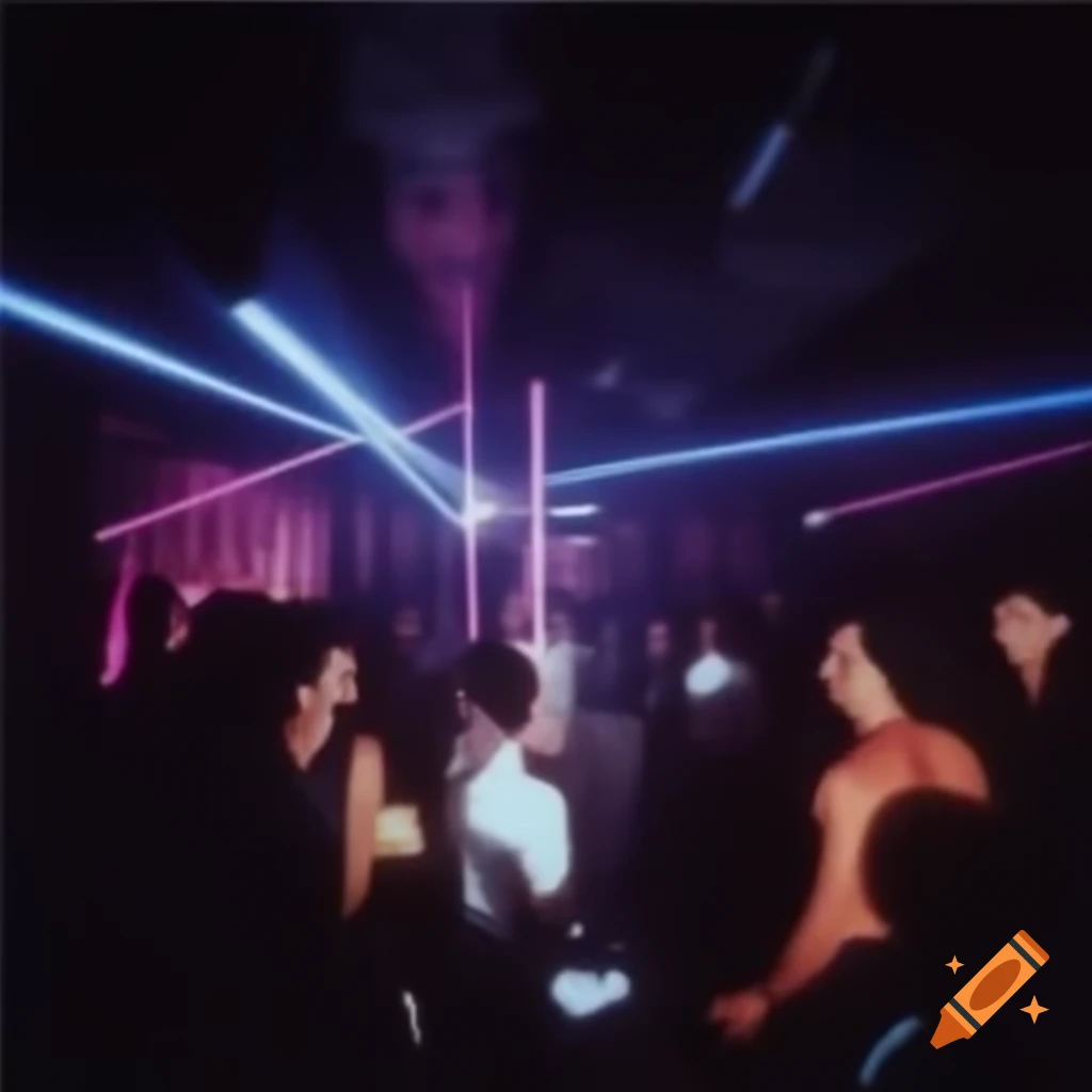 Techno house party scene from 1993 with vibrant lasers and light shows ...