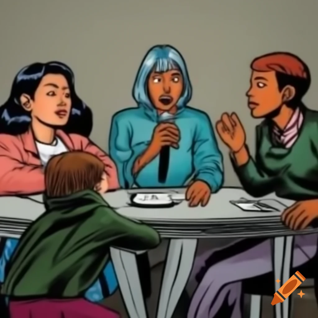 Comic style debate with several people at a table, one person speaking ...