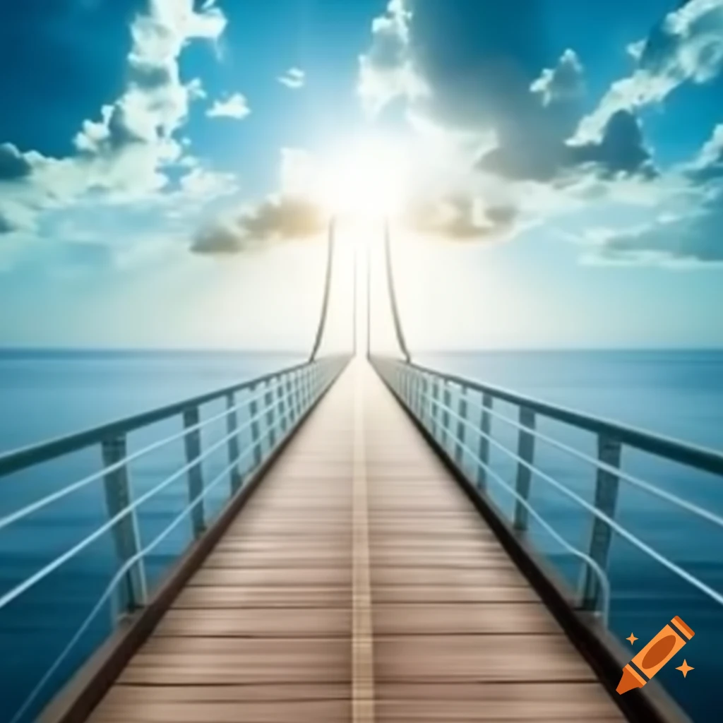 Long bridge over peaceful ocean with sunlight and clouds on Craiyon