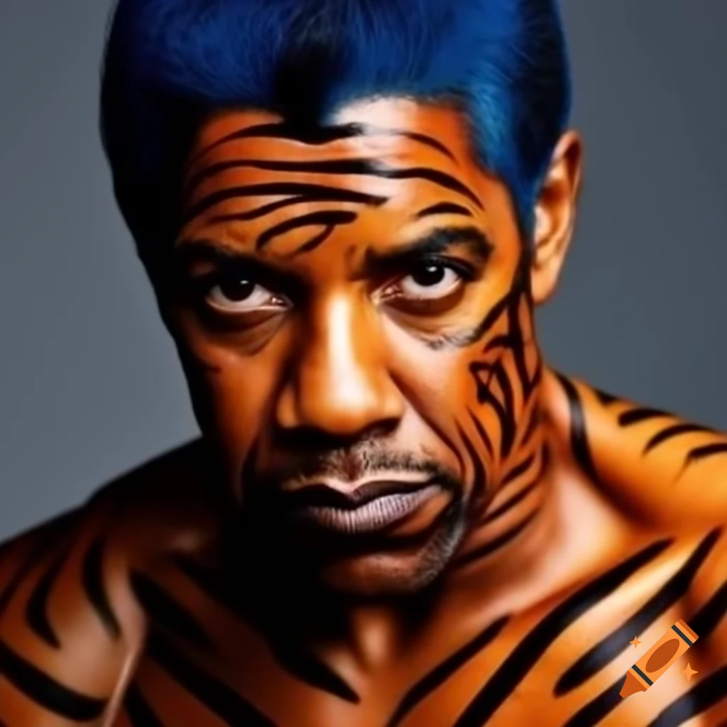 Muscular man with tiger-style makeup featuring blue hair and orange ...