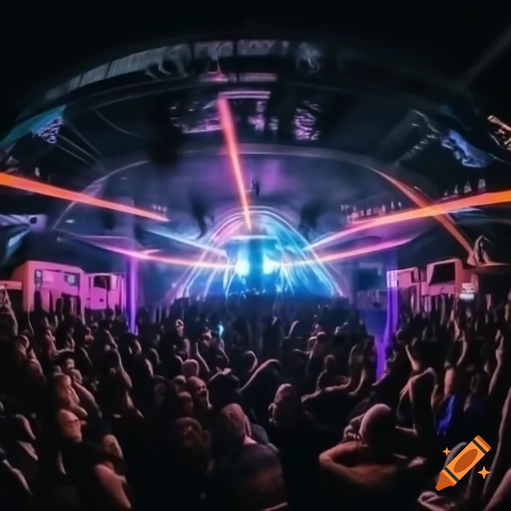 Colorful 1990s rave scene with lights, lasers, tents, and DJ decks on ...