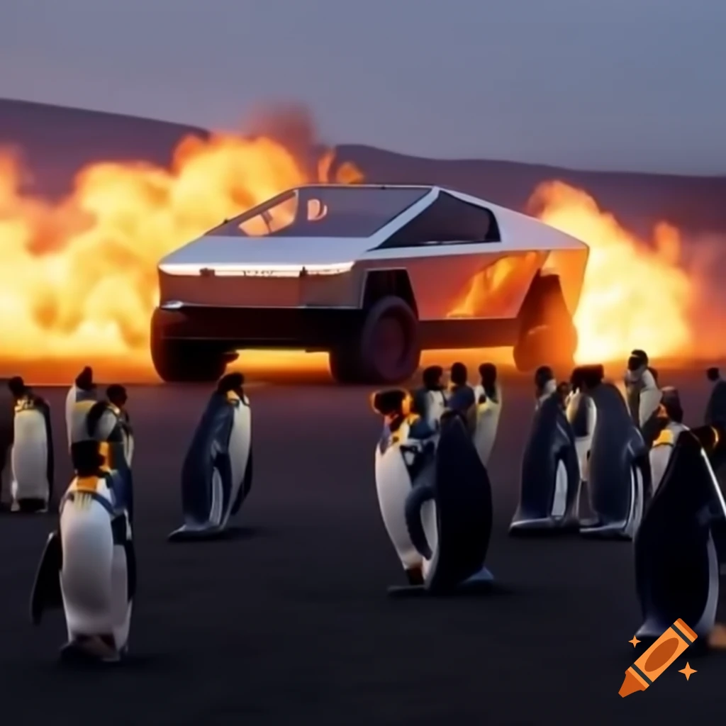 Group of penguins observing burning Tesla Cybertruck on Craiyon