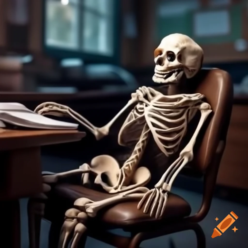 Realistic skeleton sitting at school desk appearing frustrated on Craiyon