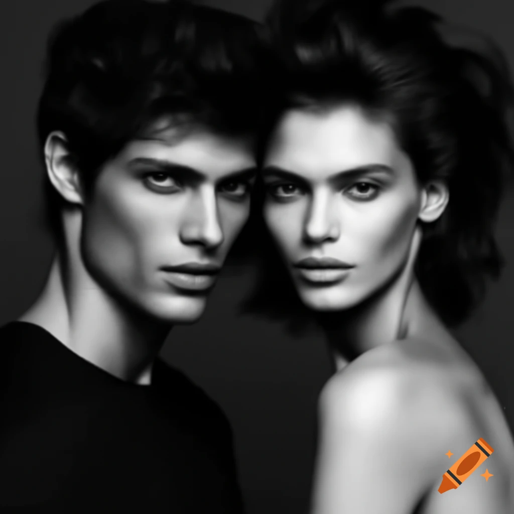 Female and male supermodels smiling in a high contrast studio setting ...