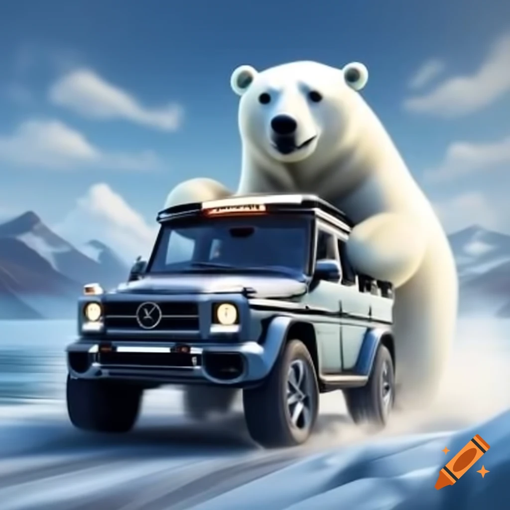 Cartoon polar bear driving grey silver Mercedes G-Class car on Craiyon