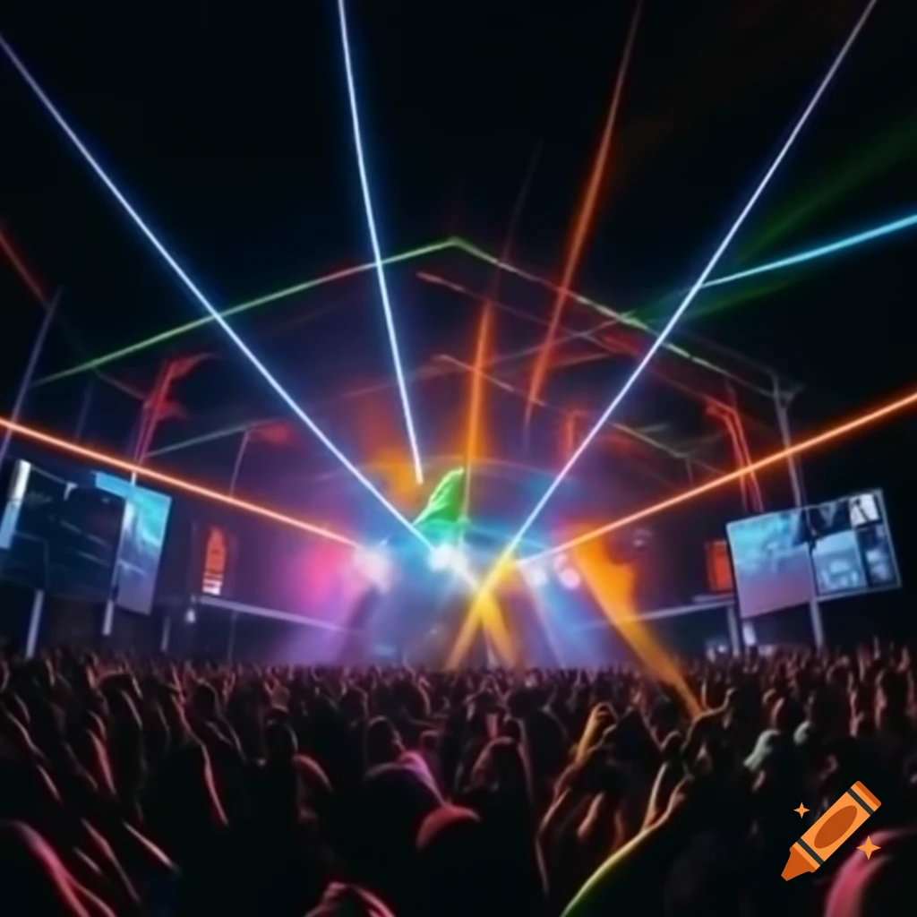 Colorful 1990s rave scene with lights, lasers, tents, and DJ decks on ...
