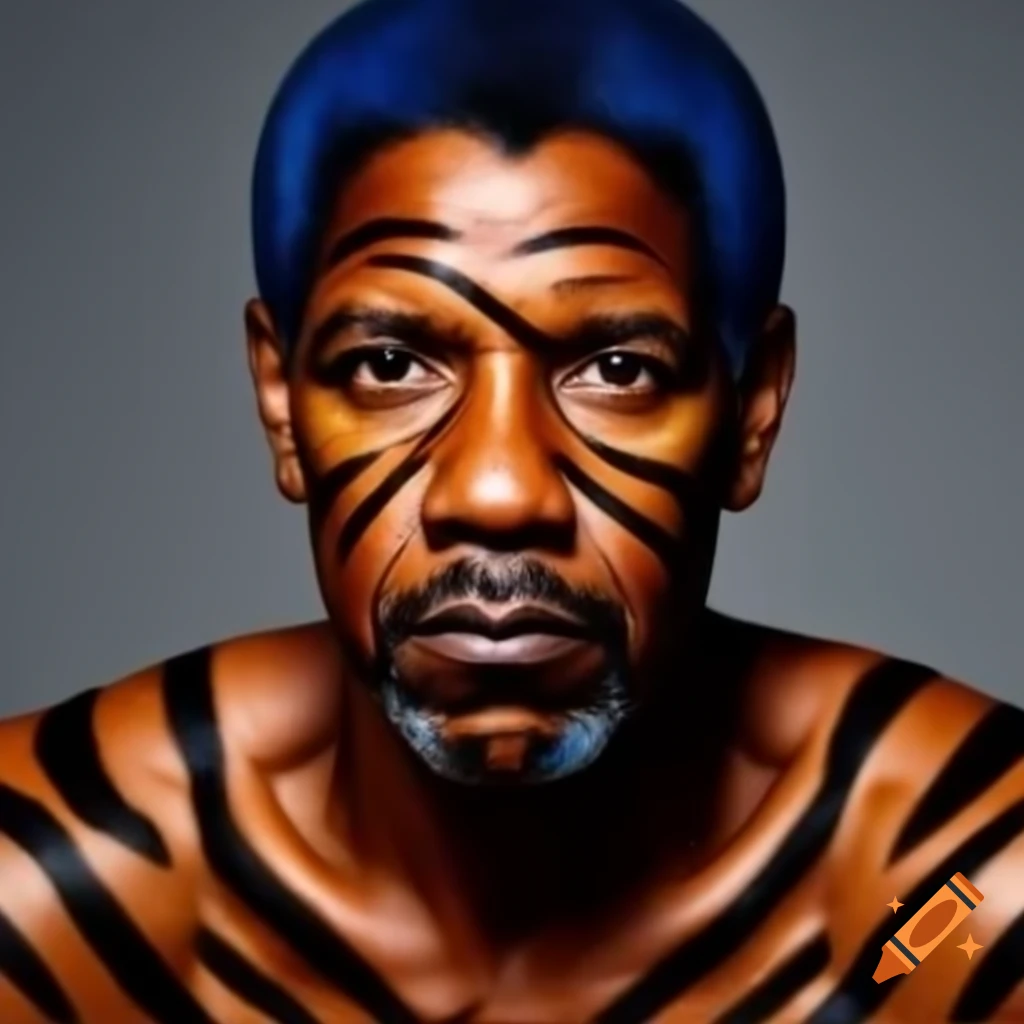 Muscular man with tiger-style makeup featuring blue hair and orange ...