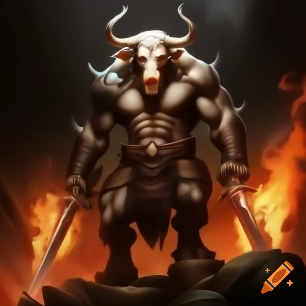 Towering minotaur with swords and glowing eye, dramatic fantasy scene on Craiyon