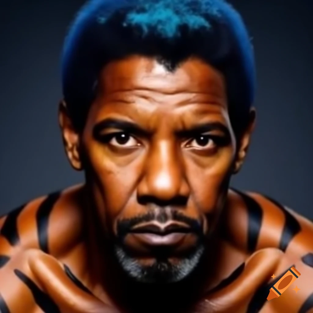 Muscular figure resembling Denzel Washington with tiger makeup and blue hair on Craiyon