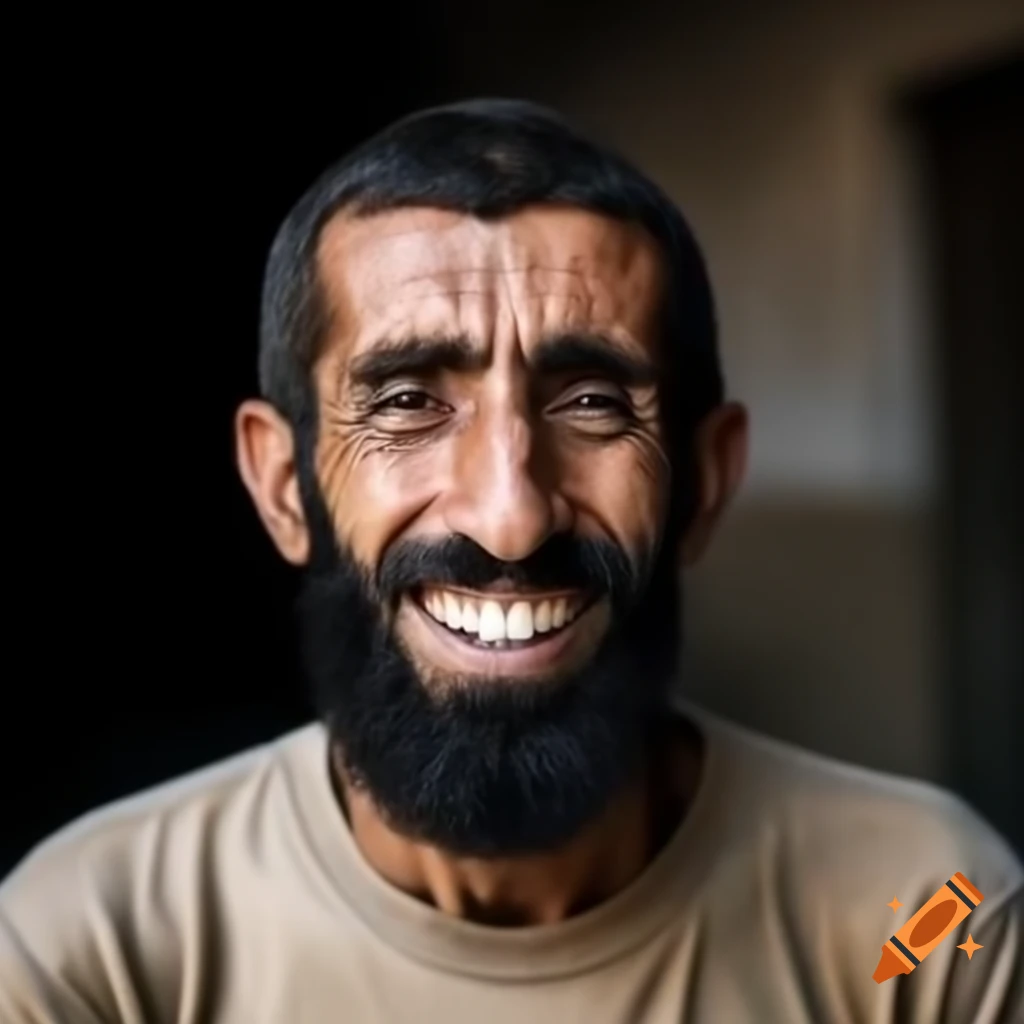 Bearded Arab man wearing beige t-shirt, smiling on Craiyon