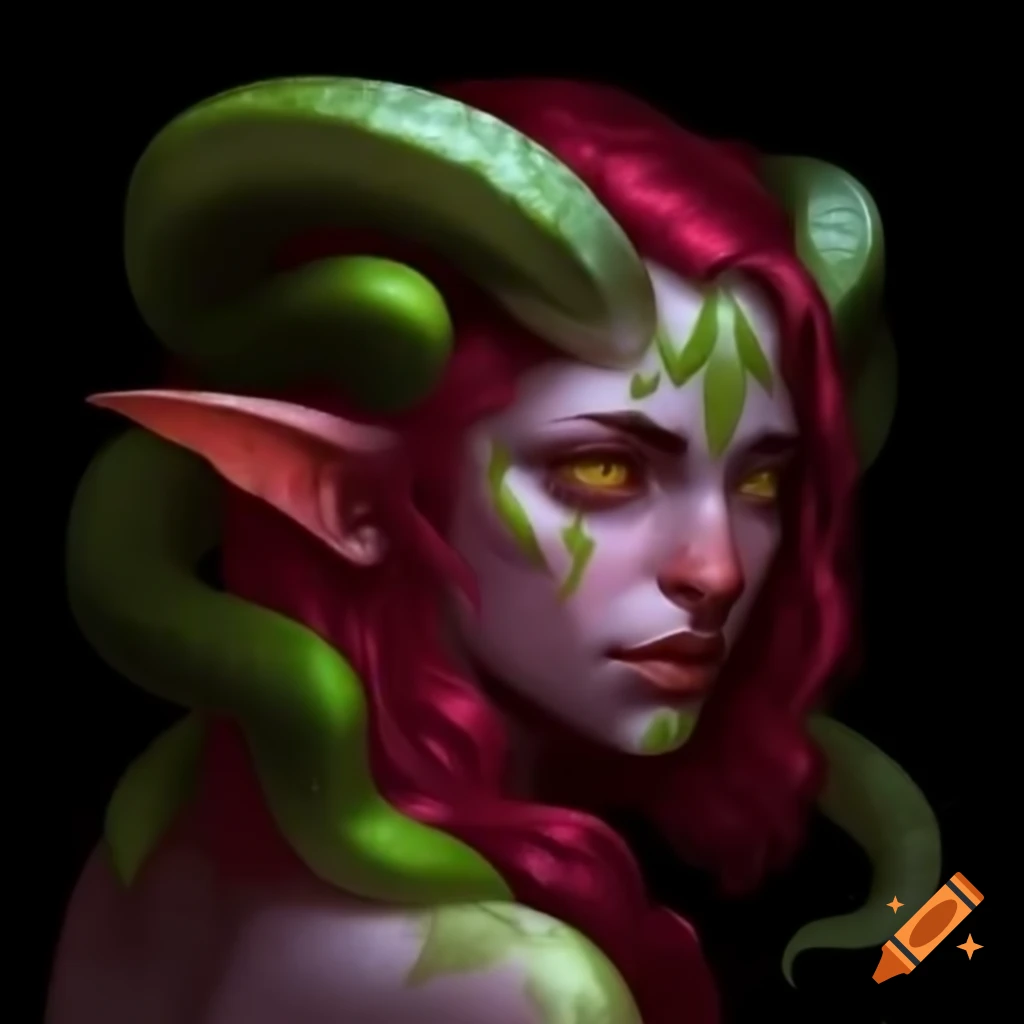 Demon representing Envy with ruby hair and green scaled skin, snakes ...