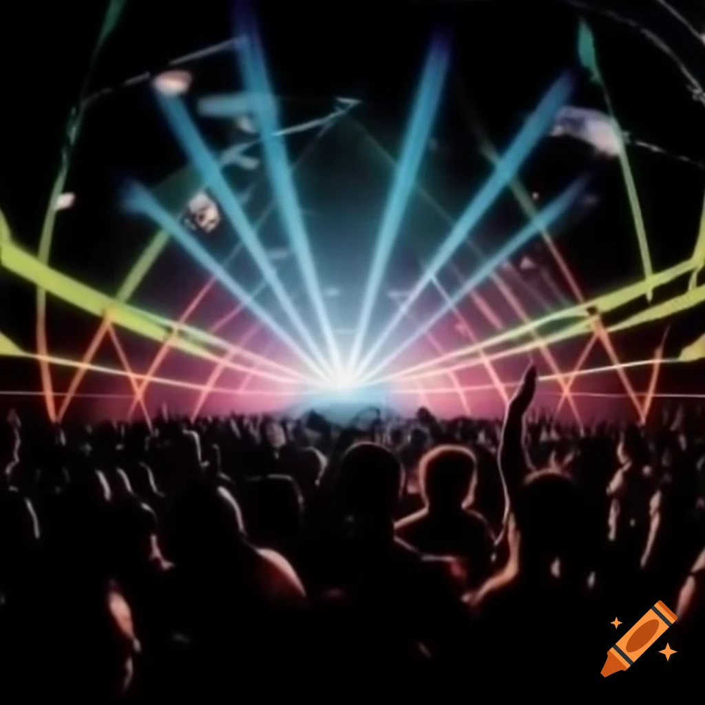 Colorful 1990s rave party scene with lights and lasers on Craiyon