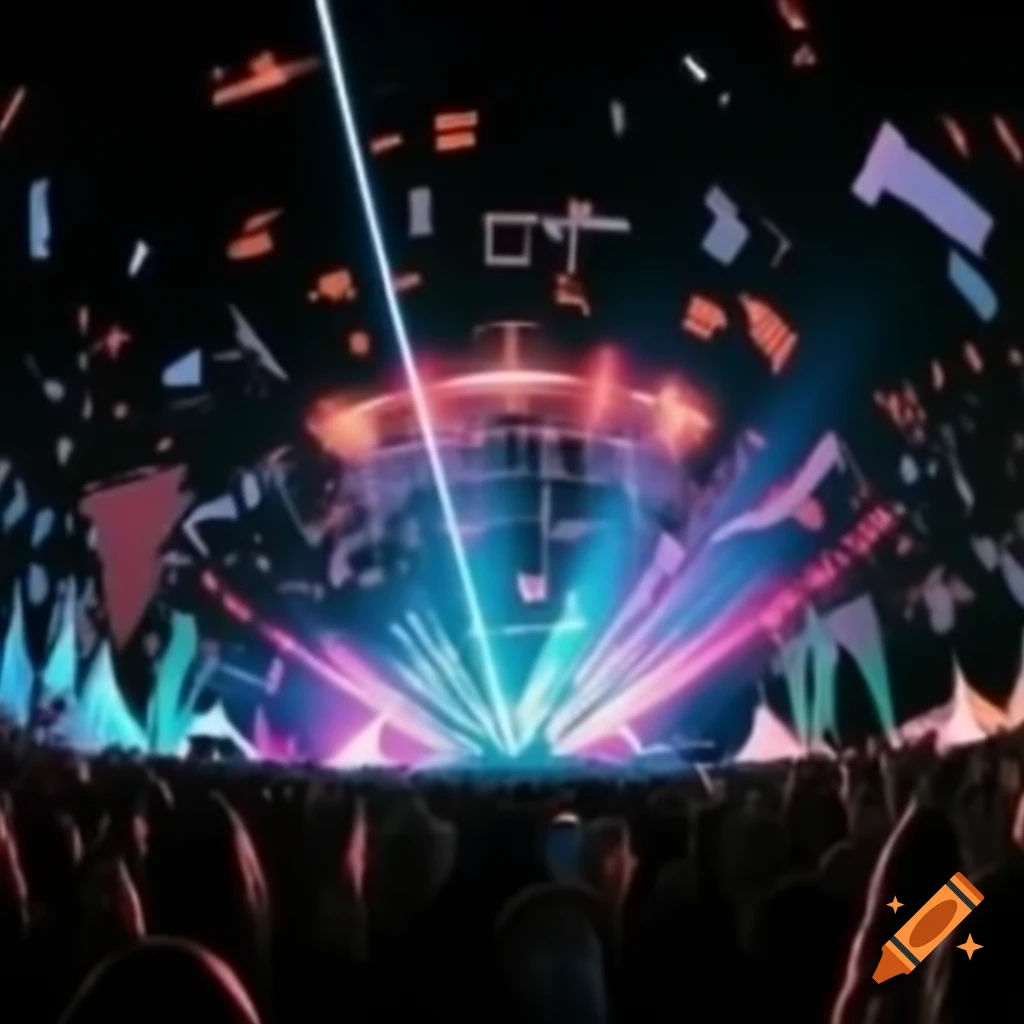Colorful 1990s rave music scene with lights, lasers, tents, and ...