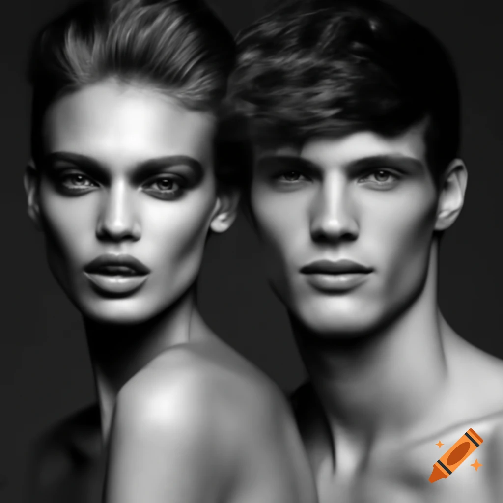 Female and male supermodels smiling in high contrast studio setting on ...