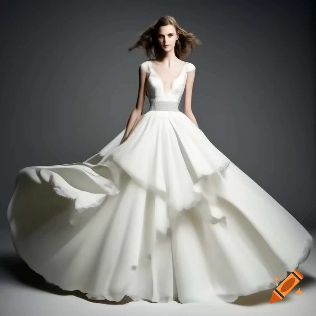 Fashion model in photorealistic white wedding gown with lace trim on ...