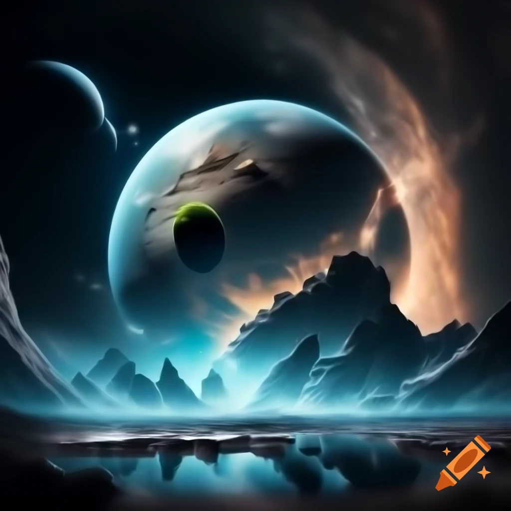 Fantasy alien planet with floating land masses and twin moons in ...