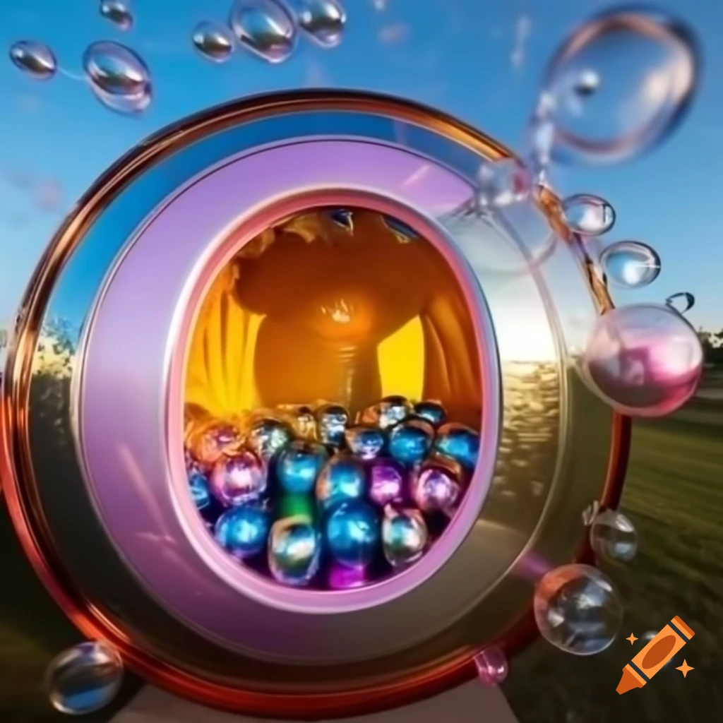 Colorful metallic pod overflowing with bubbles and balls in bright ...