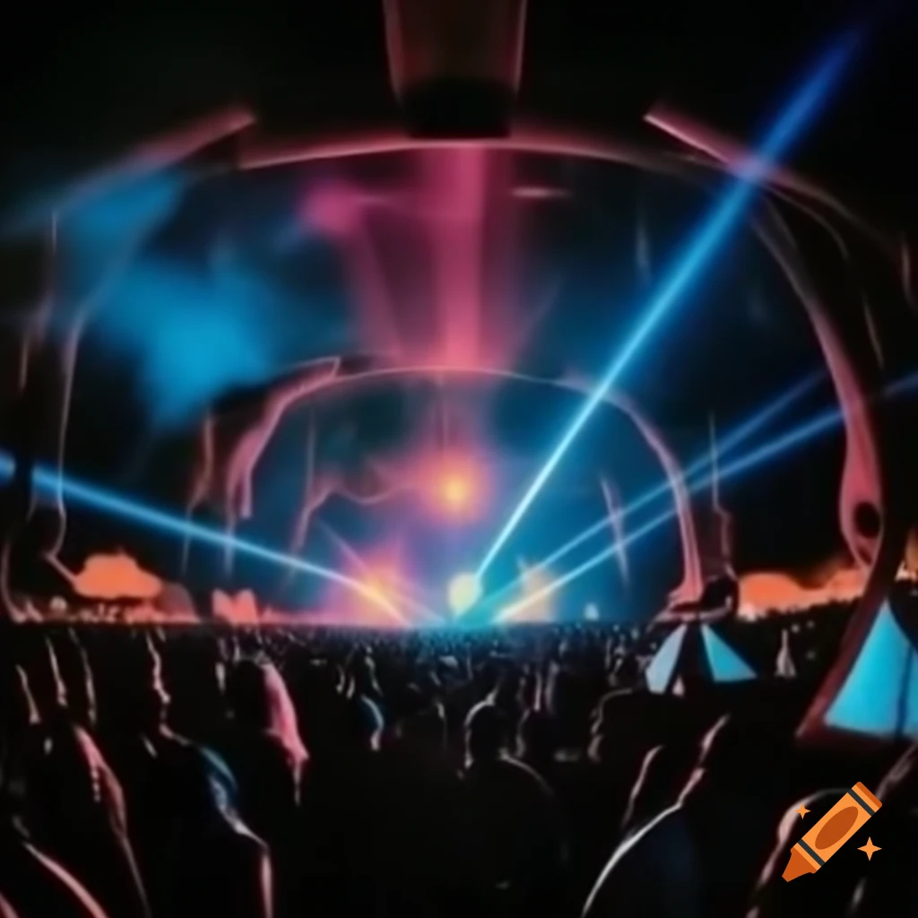 Colorful 1990s rave music scene with lights, lasers, tents, and ...