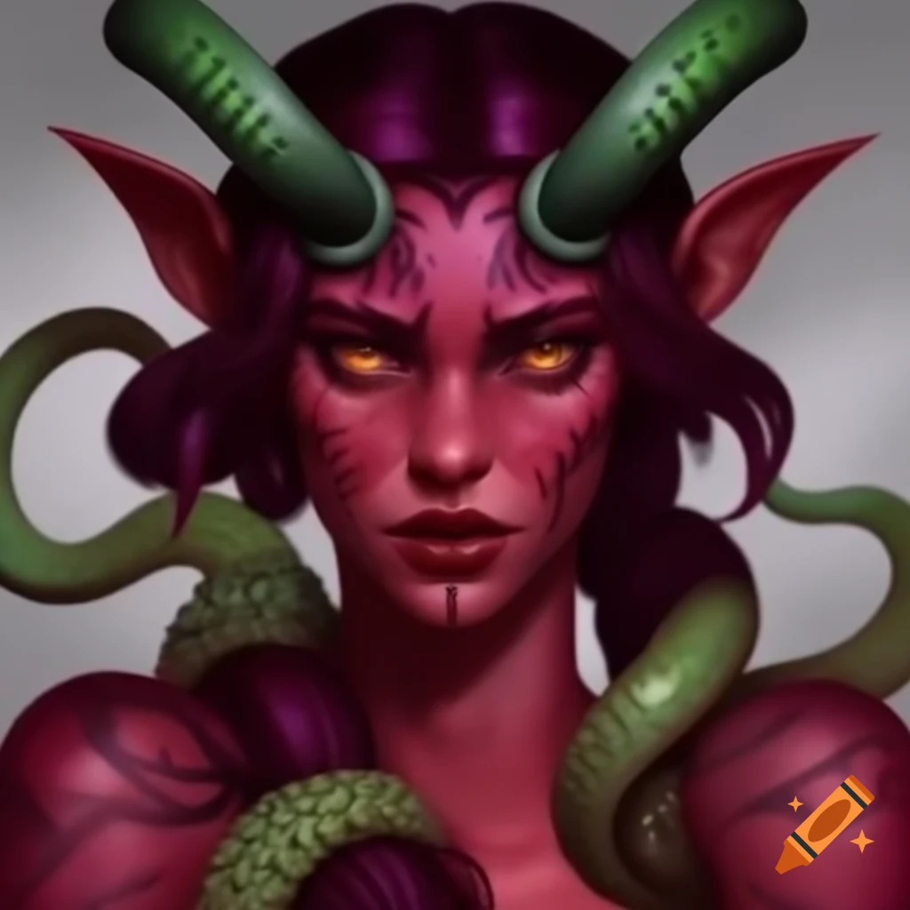 Demon representing Envy with ruby hair and green scaled skin, snakes ...