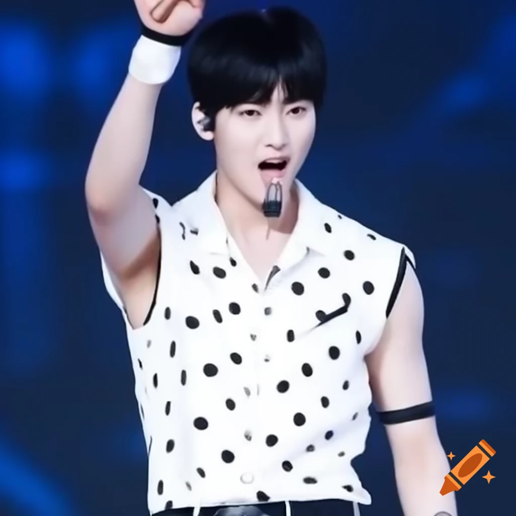 Korean idol performing on stage in stylish outfit with black and white ...