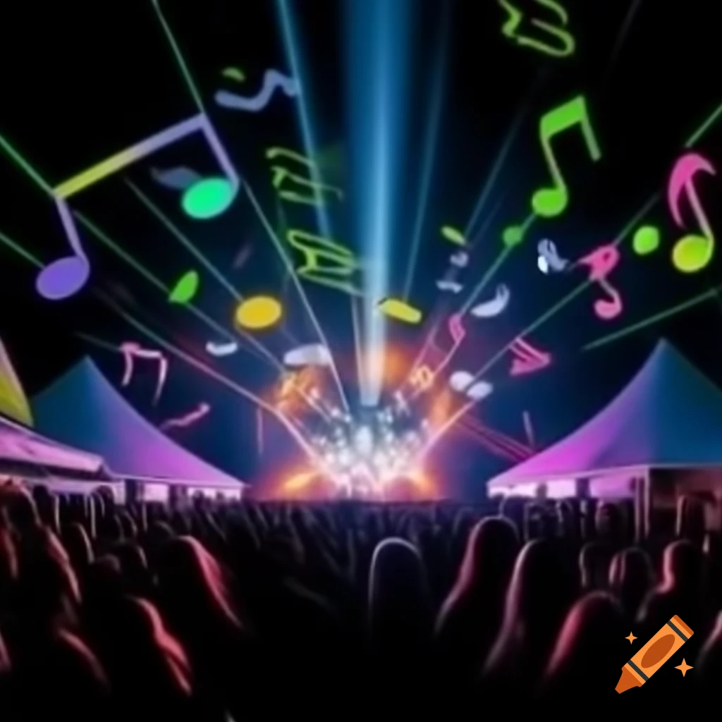 Colorful 1990s rave music scene with lights, lasers, tents, and ...