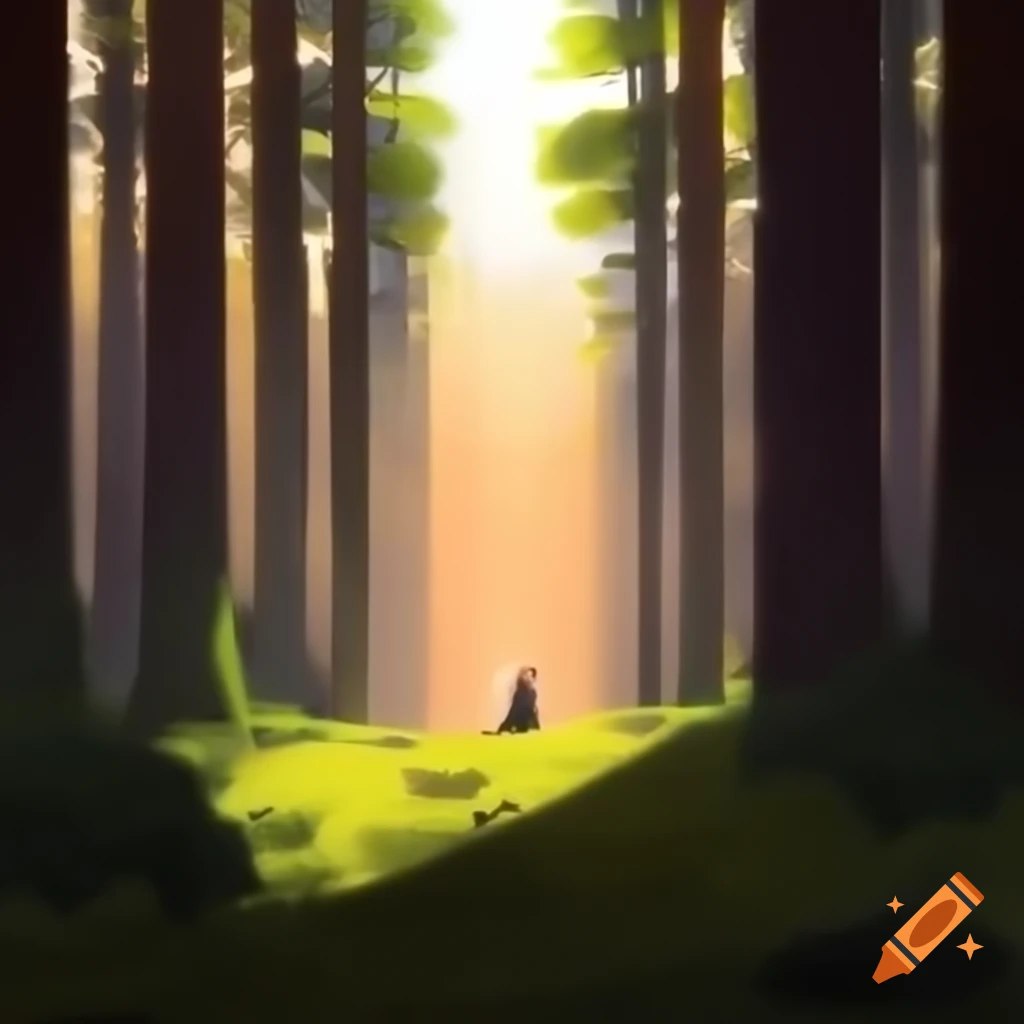 Ethereal forest scene with soft light and tall trees, featuring a lone ...