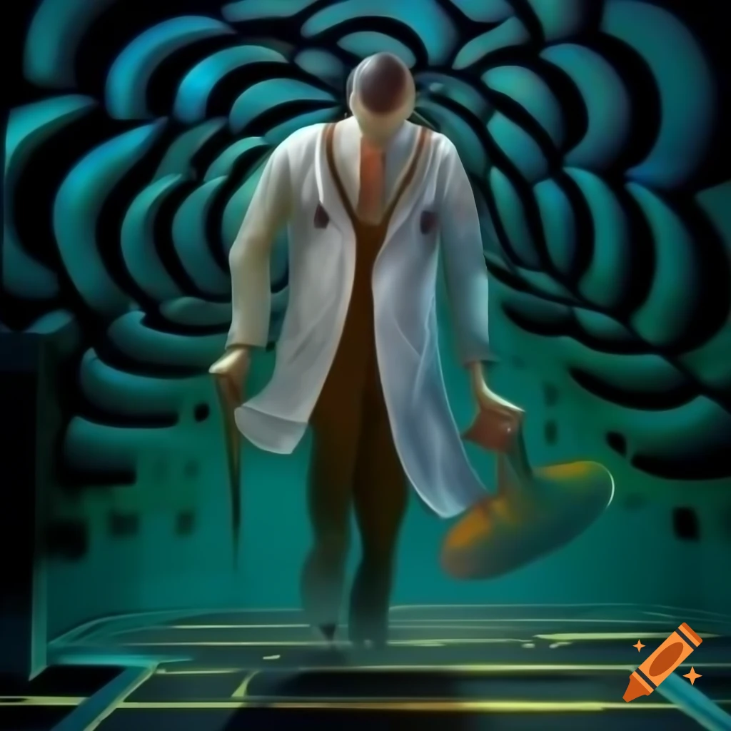 Mysterious male scientist-neurosurgeon-rockstar with buzz cut in psychedelic sci-fi setting on ...