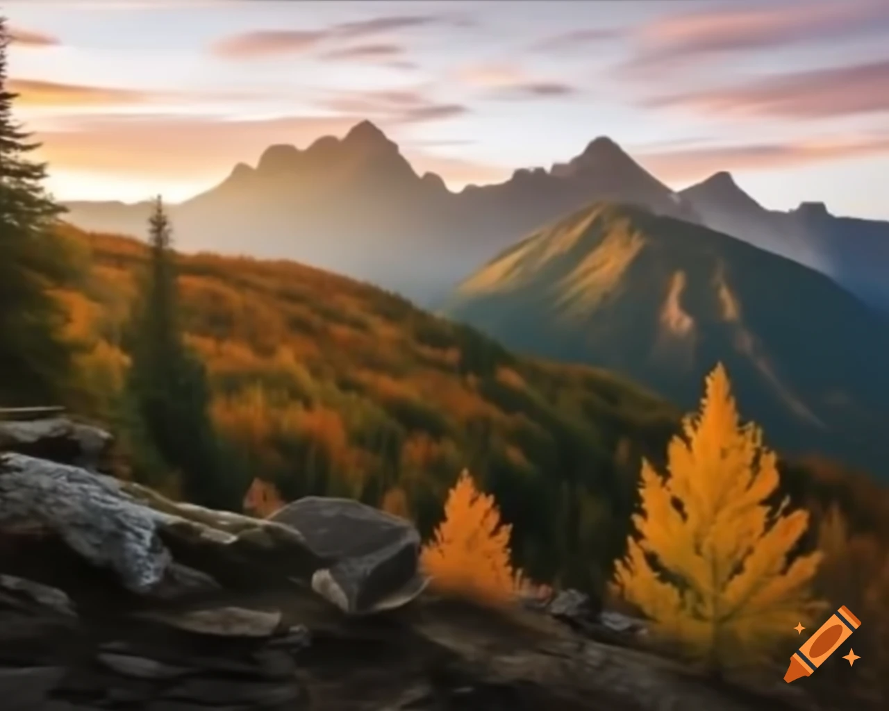 Beautiful mountain landscape in autumn at sunset with muted tones on ...