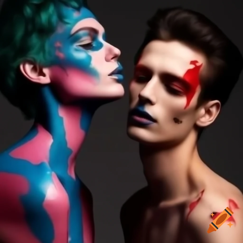 Female and male supermodels with colorful body paint in high contrast ...