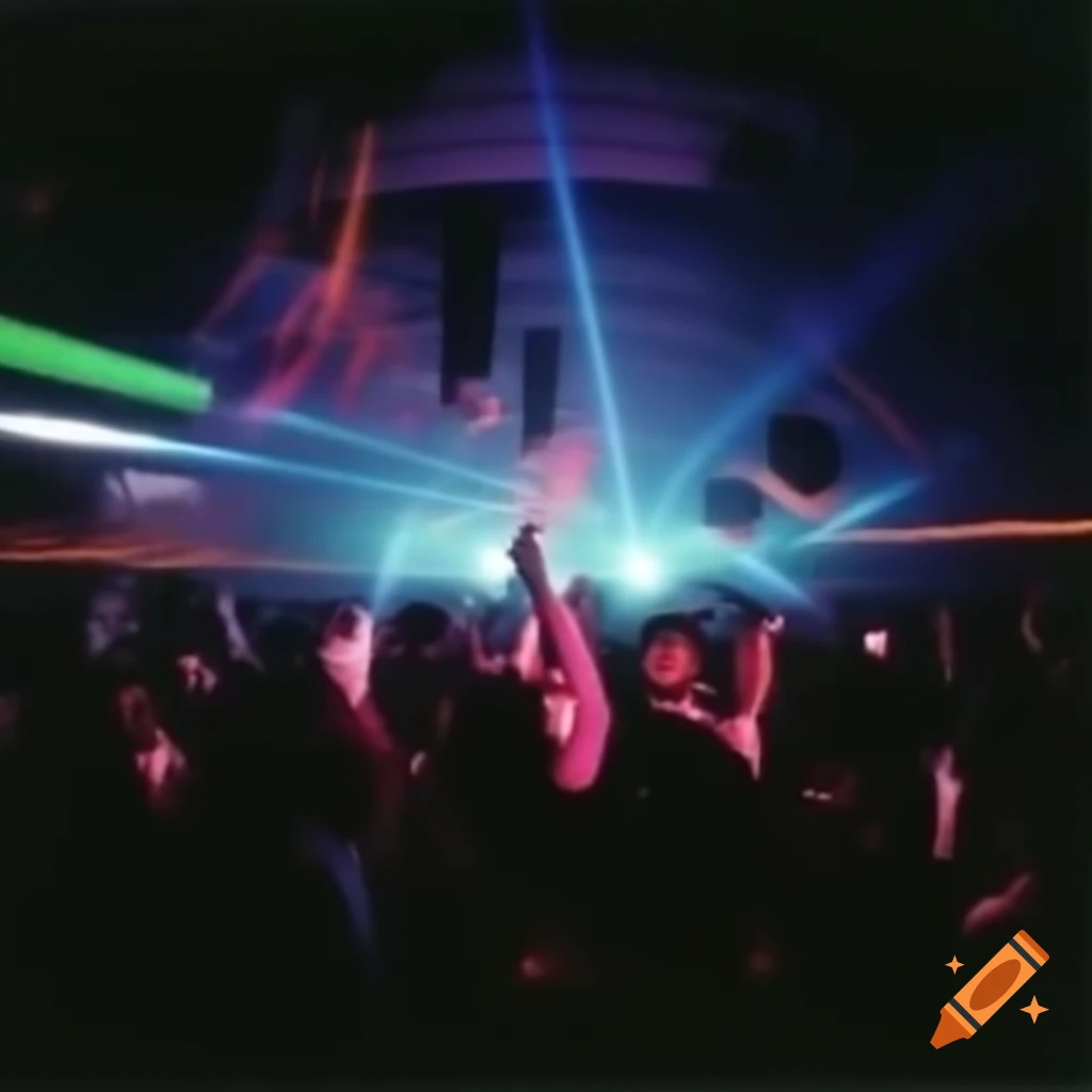 Colorful 1990s rave party scene with lights and lasers on Craiyon