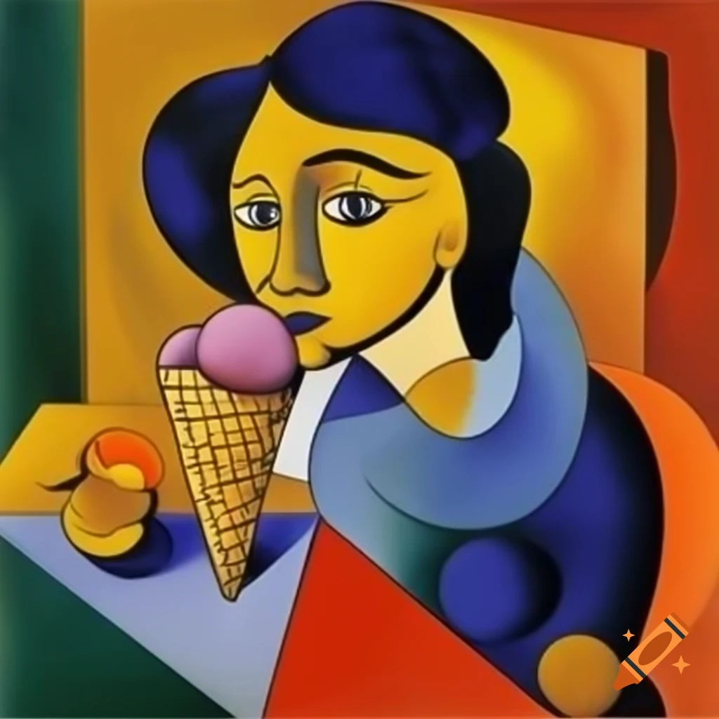 Cubist artwork of a woman selling ice cream with bright colors and ...