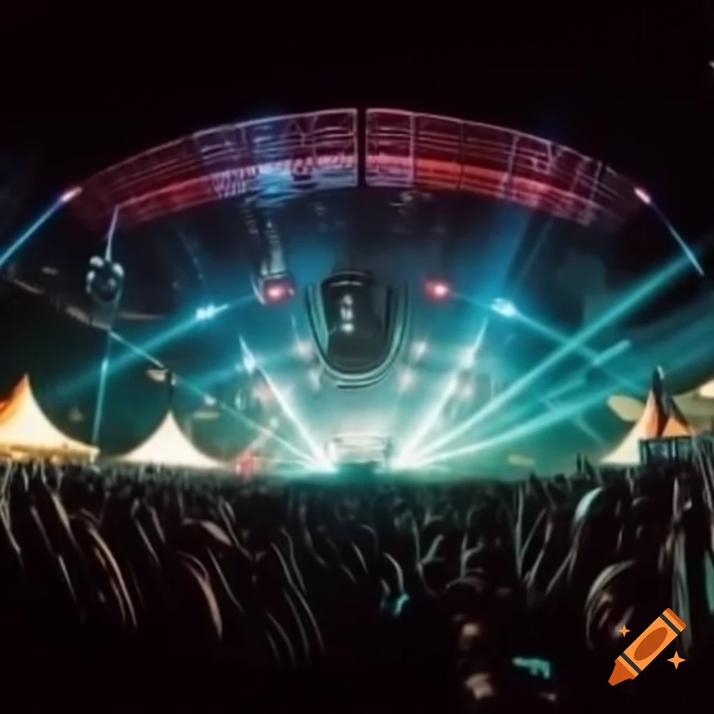 Colorful 1990s rave music scene with lights, lasers, tents, and ...